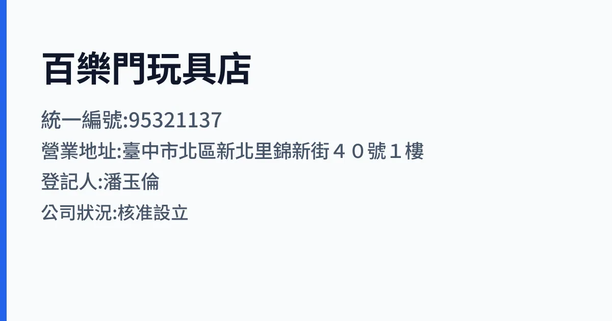 百樂門玩具店 - 統編 95321137（臺中市） 公司登記資料與營業項目詳細圖表