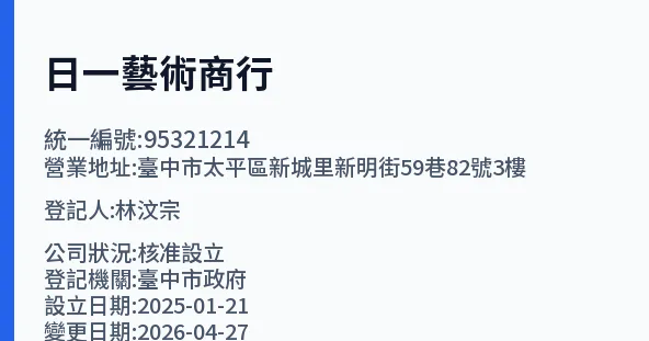 日一藝術商行的照片-統編 95321214(臺中市) 公司登記資料與營業項目詳細圖表