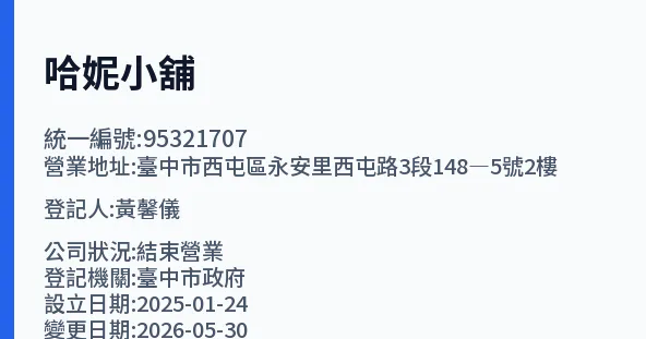 哈妮小舖的照片-統編 95321707(臺中市) 公司登記資料與營業項目詳細圖表