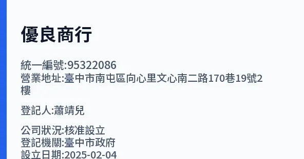 優良商行的照片-統編 95322086(臺中市) 公司登記資料與營業項目詳細圖表