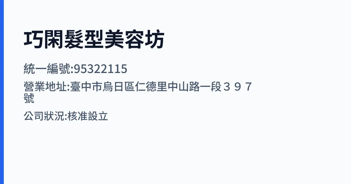 巧閑髮型美容坊 - 統編 95322115(臺中市) 公司登記資料與營業項目詳細圖表