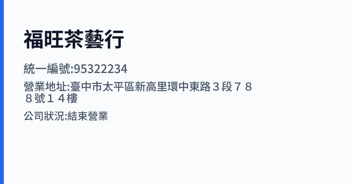 福旺茶藝行 - 統編 95322234（臺中市） 公司登記資料與營業項目詳細圖表
