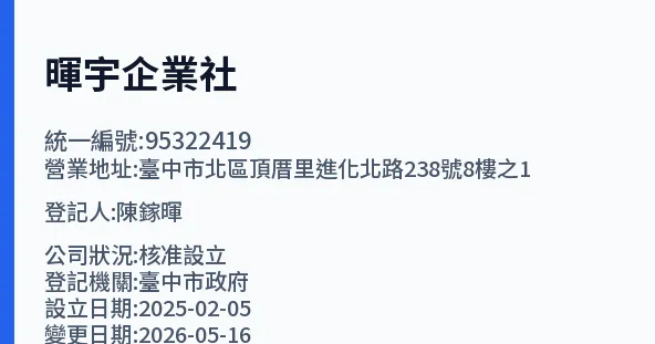 暉宇企業社的照片-統編 95322419(臺中市) 公司登記資料與營業項目詳細圖表