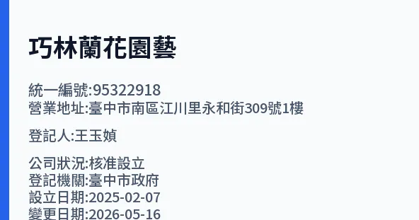 巧林蘭花園藝的照片-統編 95322918(臺中市) 公司登記資料與營業項目詳細圖表