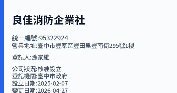 良佳消防企業社的照片-統編 95322924(臺中市) 公司登記資料與營業項目詳細圖表