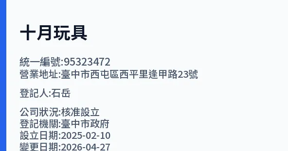 十月玩具的照片-統編 95323472(臺中市) 公司登記資料與營業項目詳細圖表