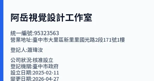阿岳視覺設計工作室的照片-統編 95323563(臺中市) 公司登記資料與營業項目詳細圖表