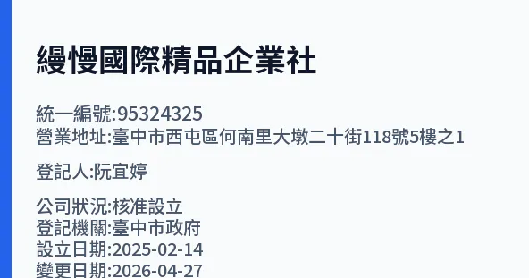 縵慢國際精品企業社的照片-統編 95324325(臺中市) 公司登記資料與營業項目詳細圖表