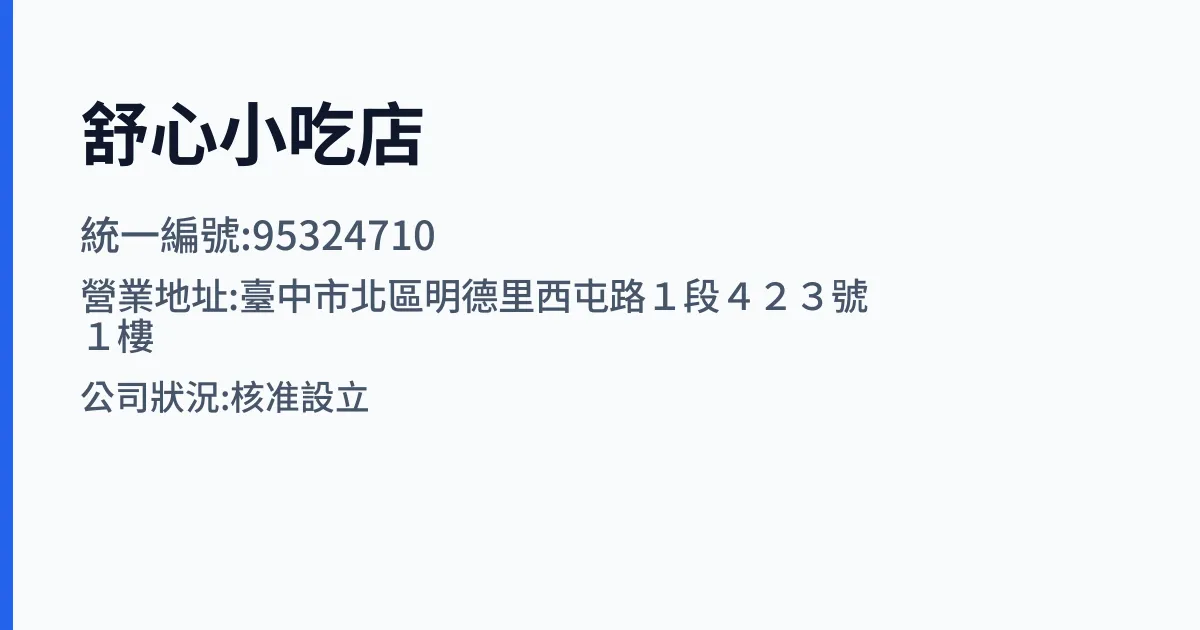 舒心小吃店 - 統編 95324710(臺中市) 公司登記資料與營業項目詳細圖表
