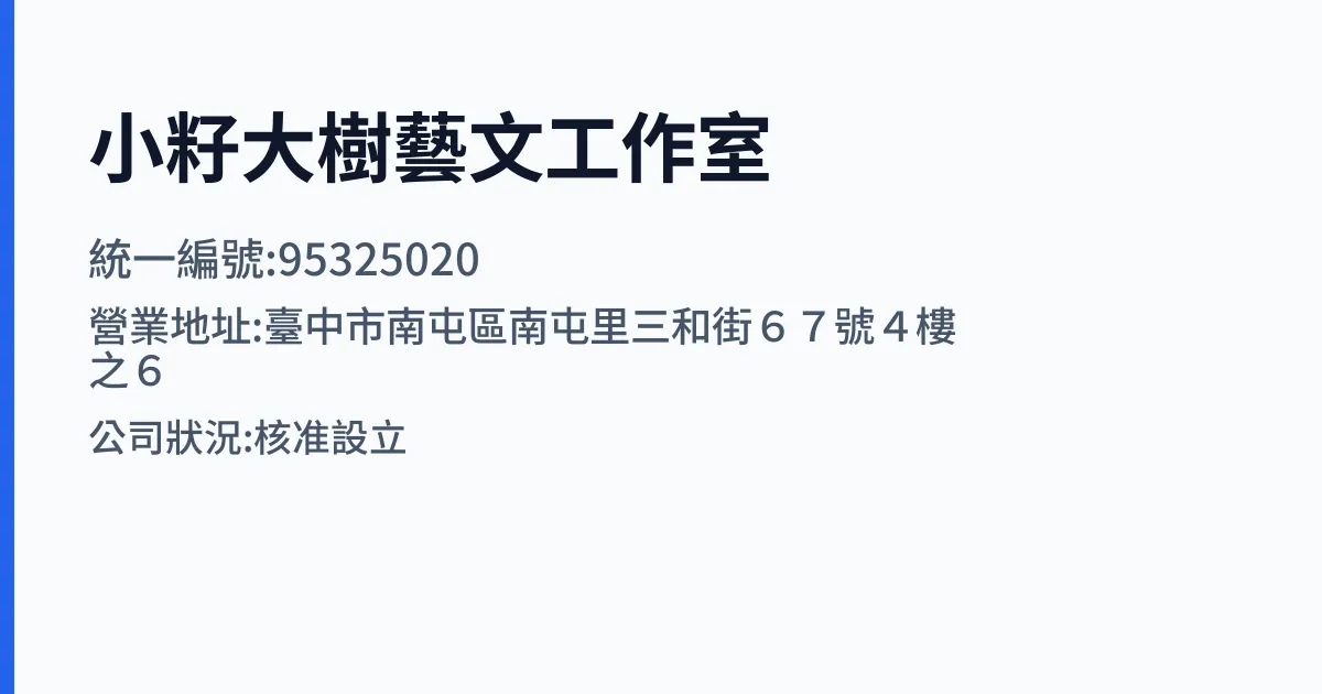 小籽大樹藝文工作室 - 統編 95325020(臺中市) 公司登記資料與營業項目詳細圖表