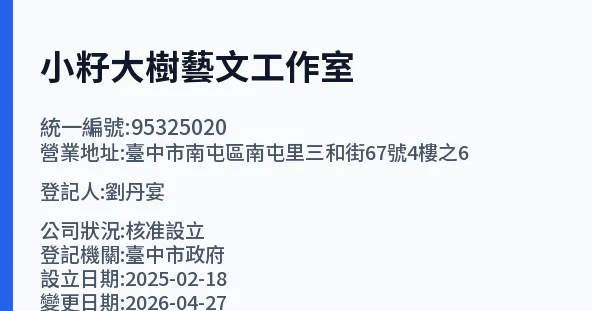 小籽大樹藝文工作室的照片-統編 95325020(臺中市) 公司登記資料與營業項目詳細圖表