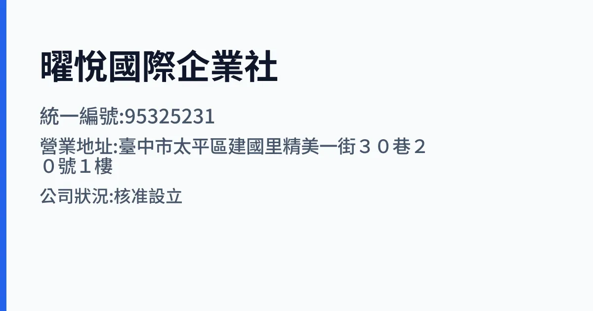 曜悅國際企業社 - 統編 95325231(臺中市) 公司登記資料與營業項目詳細圖表