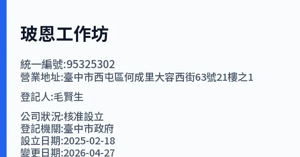 玻恩工作坊的照片-統編 95325302(臺中市) 公司登記資料與營業項目詳細圖表