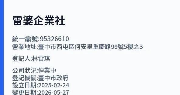 雷婆企業社的照片-統編 95326610(臺中市) 公司登記資料與營業項目詳細圖表