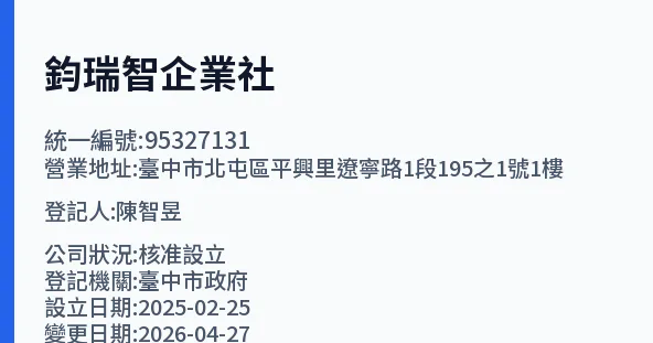 鈞瑞智企業社的照片-統編 95327131(臺中市) 公司登記資料與營業項目詳細圖表