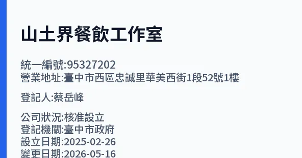 山土界餐飲工作室的照片-統編 95327202(臺中市) 公司登記資料與營業項目詳細圖表