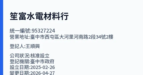 笙富水電材料行的照片-統編 95327224(臺中市) 公司登記資料與營業項目詳細圖表