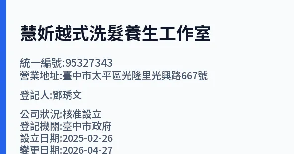 慧妡越式洗髮養生工作室的照片-統編 95327343(臺中市) 公司登記資料與營業項目詳細圖表
