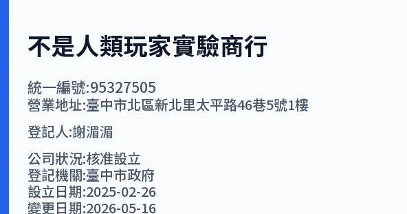 不是人類玩家實驗商行的照片-統編 95327505(臺中市) 公司登記資料與營業項目詳細圖表