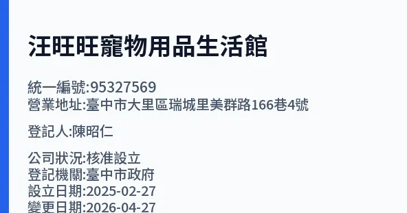 汪旺旺寵物用品生活館的照片-統編 95327569(臺中市) 公司登記資料與營業項目詳細圖表