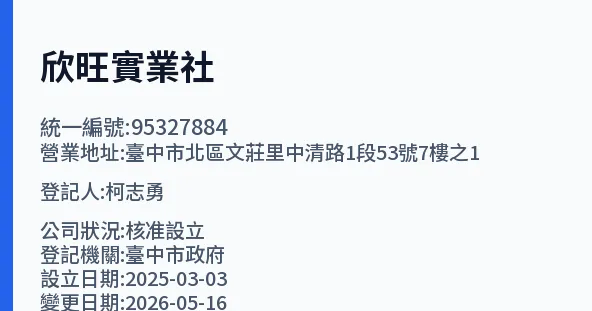 欣旺實業社的照片-統編 95327884(臺中市) 公司登記資料與營業項目詳細圖表