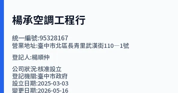 楊承空調工程行的照片-統編 95328167(臺中市) 公司登記資料與營業項目詳細圖表