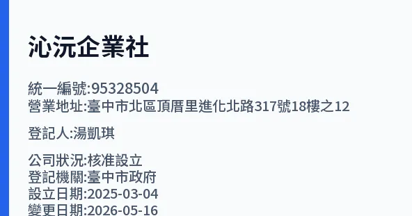 沁沅企業社的照片-統編 95328504(臺中市) 公司登記資料與營業項目詳細圖表
