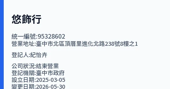 悠飾行的照片-統編 95328602(臺中市) 公司登記資料與營業項目詳細圖表