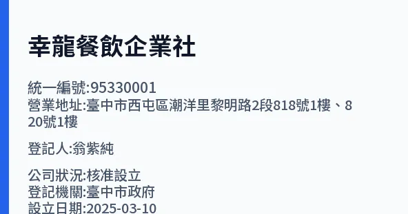 幸龍餐飲企業社的照片-統編 95330001(臺中市) 公司登記資料與營業項目詳細圖表