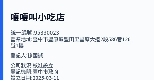 嗄嗄叫小吃店的照片-統編 95330023(臺中市) 公司登記資料與營業項目詳細圖表