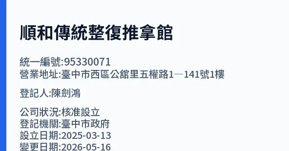 順和傳統整復推拿館的照片-統編 95330071(臺中市) 公司登記資料與營業項目詳細圖表
