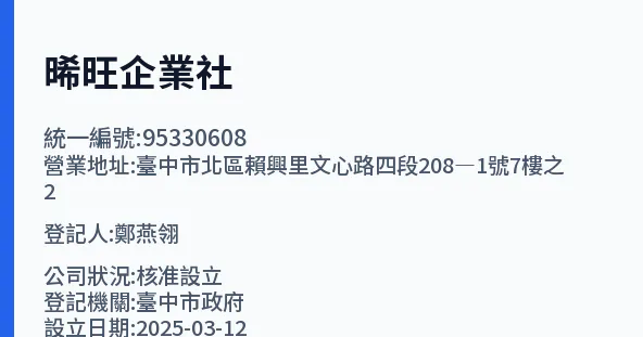 晞旺企業社的照片-統編 95330608(臺中市) 公司登記資料與營業項目詳細圖表
