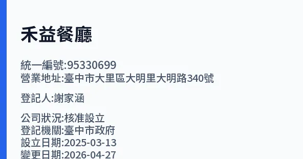 禾益餐廳的照片-統編 95330699(臺中市) 公司登記資料與營業項目詳細圖表