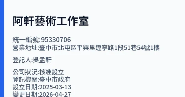 阿軒藝術工作室的照片-統編 95330706(臺中市) 公司登記資料與營業項目詳細圖表