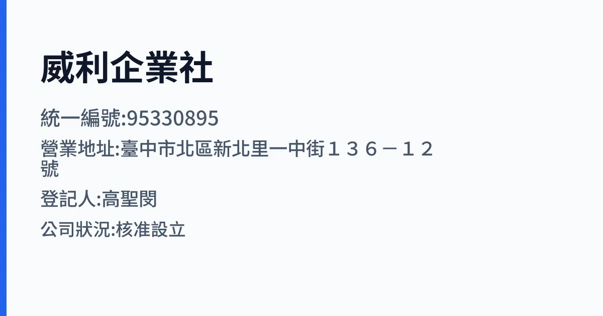 威利企業社 - 統編 95330895(臺中市) 公司登記資料與營業項目詳細圖表