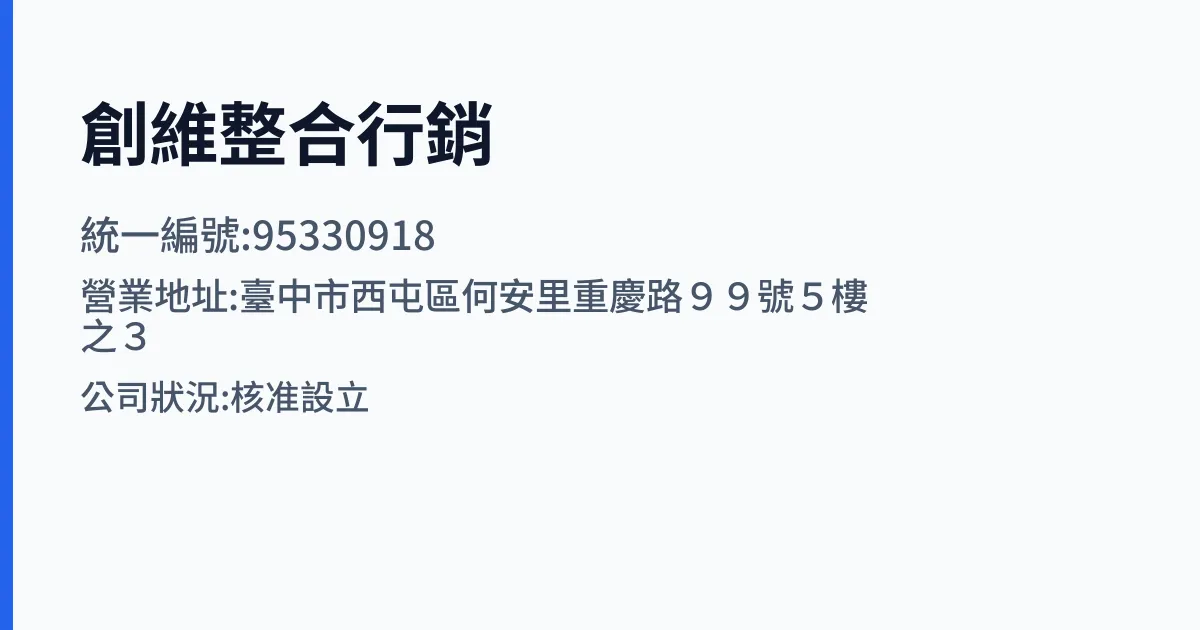 創維整合行銷 - 統編 95330918(臺中市) 公司登記資料與營業項目詳細圖表