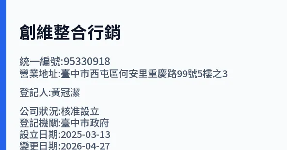 創維整合行銷的照片-統編 95330918(臺中市) 公司登記資料與營業項目詳細圖表