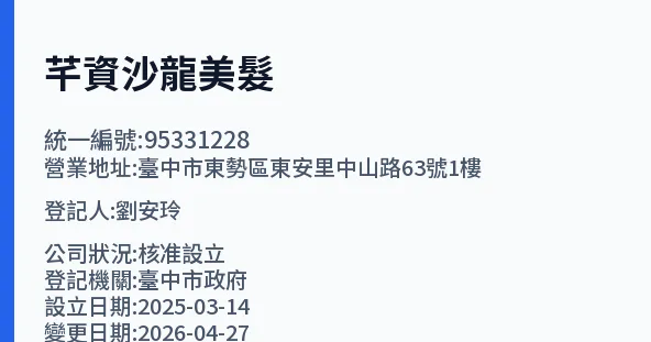 芊資沙龍美髮的照片-統編 95331228(臺中市) 公司登記資料與營業項目詳細圖表