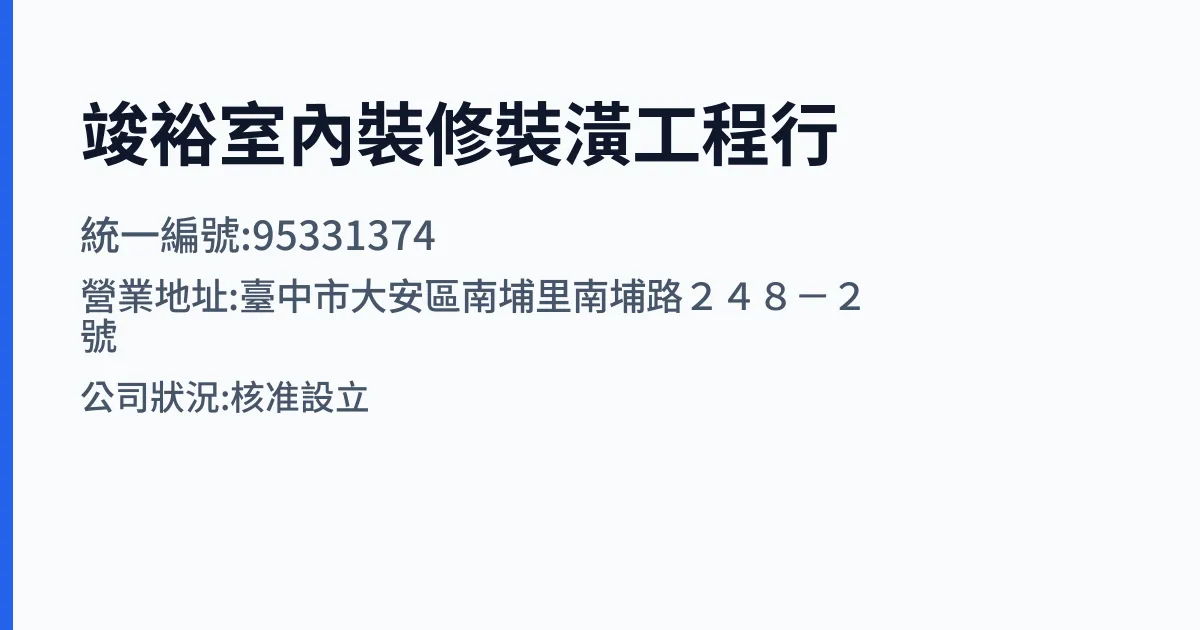 竣裕室內裝修裝潢工程行 - 統編 95331374(臺中市) 公司登記資料與營業項目詳細圖表