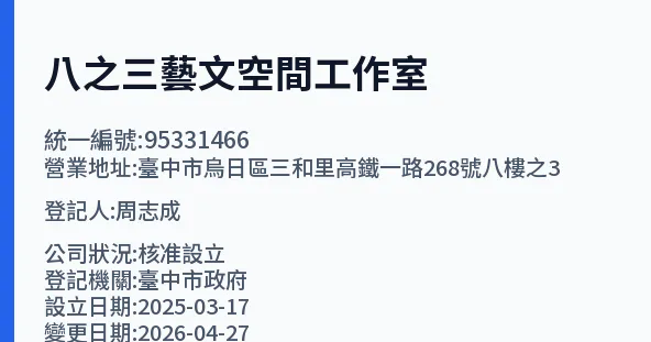 八之三藝文空間工作室的照片-統編 95331466(臺中市) 公司登記資料與營業項目詳細圖表