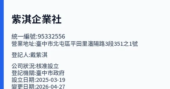 紫淇企業社的照片-統編 95332556(臺中市) 公司登記資料與營業項目詳細圖表