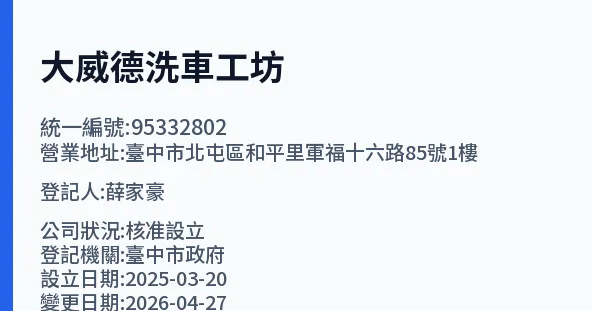 大威德洗車工坊的照片-統編 95332802(臺中市) 公司登記資料與營業項目詳細圖表