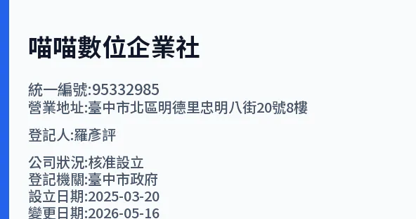 喵喵數位企業社的照片-統編 95332985(臺中市) 公司登記資料與營業項目詳細圖表