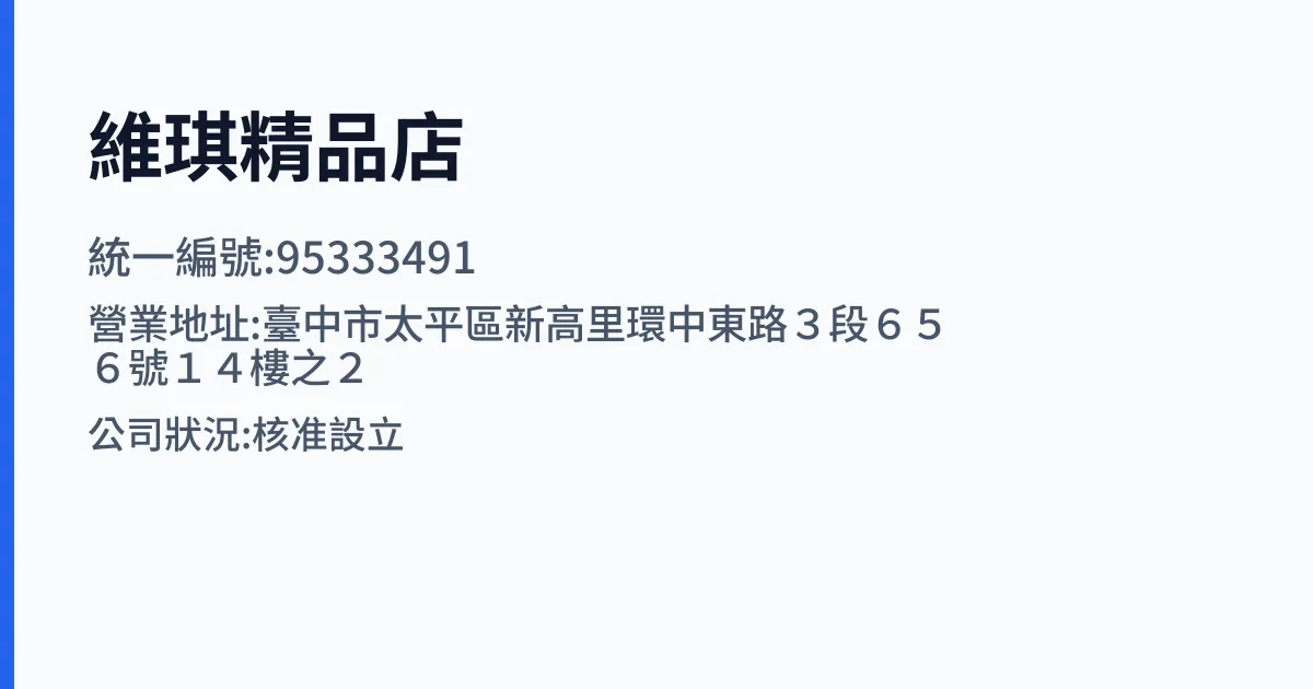 維琪精品店 - 統編 95333491(臺中市) 公司登記資料與營業項目詳細圖表