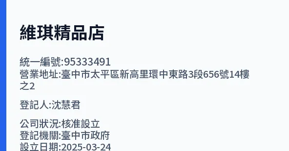 維琪精品店的照片-統編 95333491(臺中市) 公司登記資料與營業項目詳細圖表