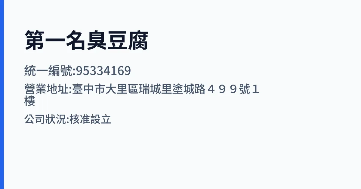 第一名臭豆腐 - 統編 95334169(臺中市) 公司登記資料與營業項目詳細圖表