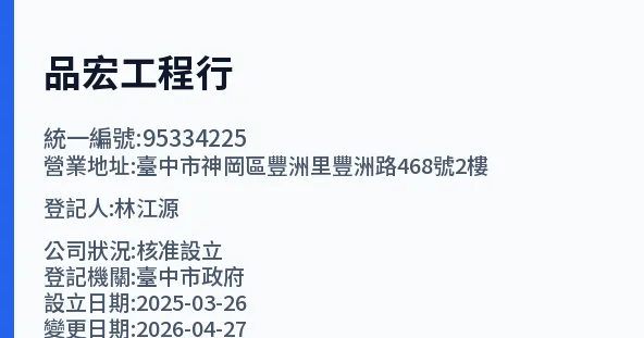 品宏工程行的照片-統編 95334225(臺中市) 公司登記資料與營業項目詳細圖表