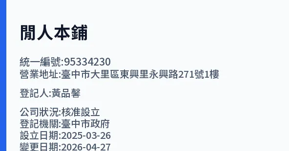 閒人本鋪的照片-統編 95334230(臺中市) 公司登記資料與營業項目詳細圖表