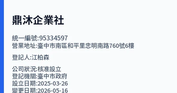 鼎沐企業社的照片-統編 95334597(臺中市) 公司登記資料與營業項目詳細圖表