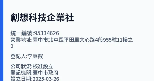 創想科技企業社的照片-統編 95334626(臺中市) 公司登記資料與營業項目詳細圖表